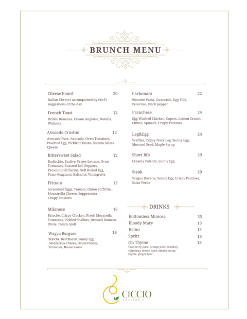 Brunch Menu • Ciccio Trattoria Italian Restaurant